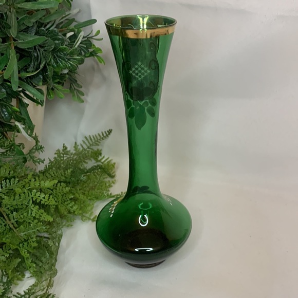 Accents | Vintage Emerald Green Glass Gilded Gold Enamel Flowers ...